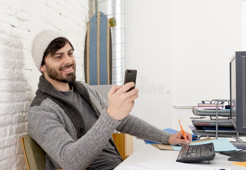 Attractive Man In Hipster Beanie And Trendy Style Businessman Working