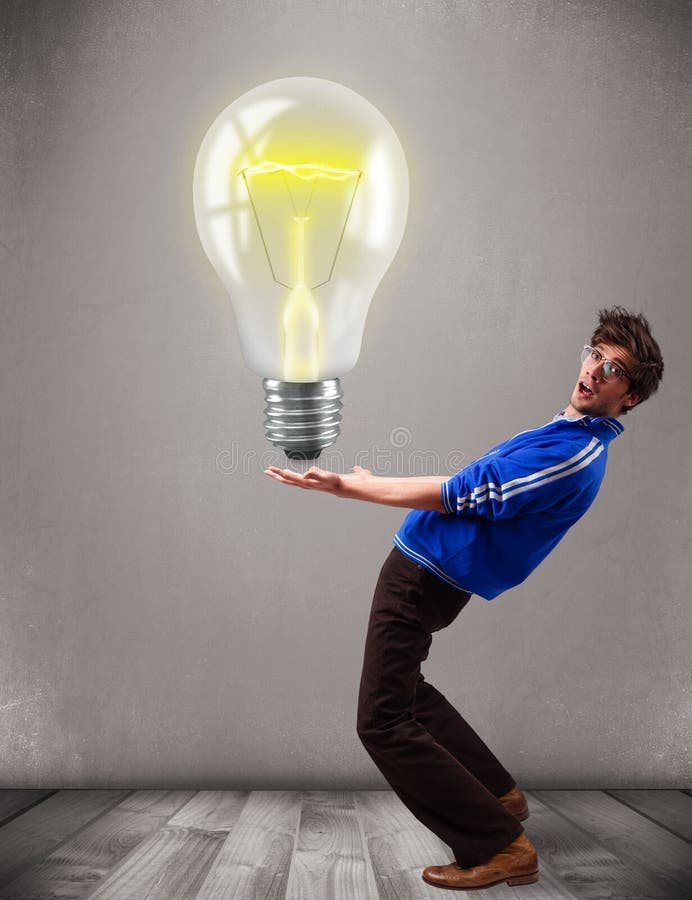 Attractive Man Holding Realistic 3d Light Bulb Stock Image - Image of ...