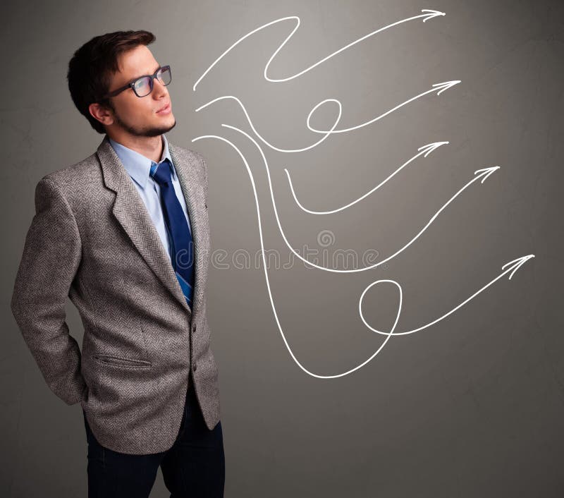 Attractive Man Looking at Multiple Curly Arrows Stock Photo - Image of ...