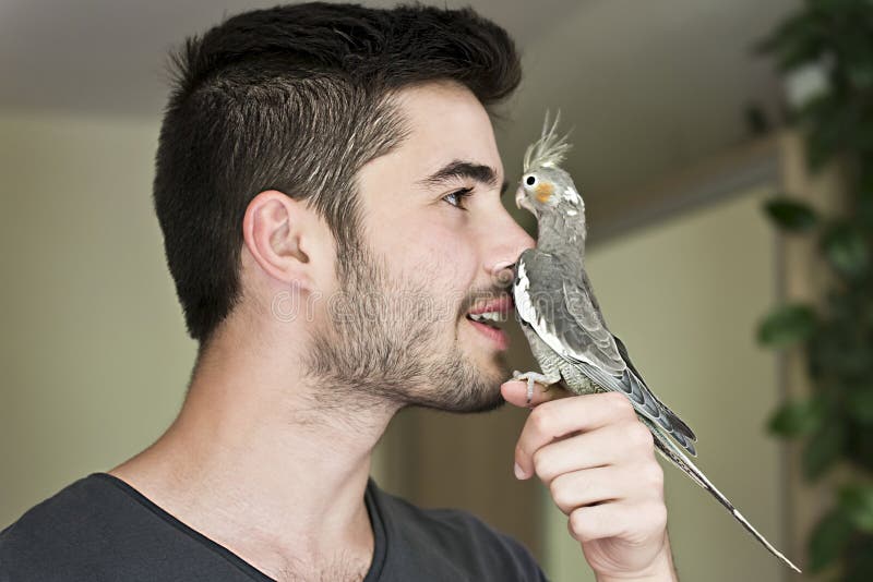 Attractive Man Playing with His Parrot Stock Photo - Image of aliment ...