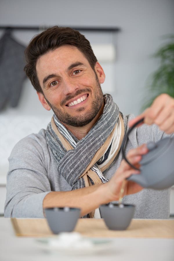 Attractive Man Pouring Himself Cup Morning Tea Stock Photo - Image of ...