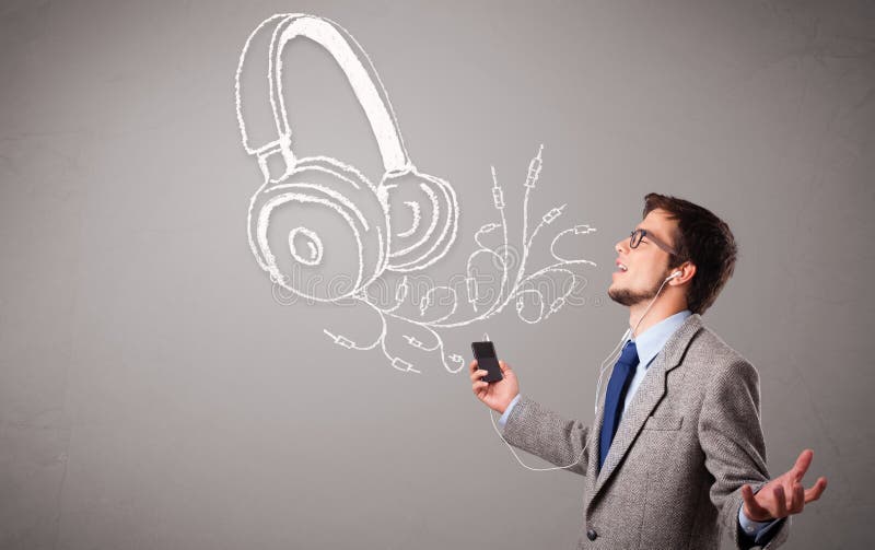 Attractive Man Singing and Listening To Music with Abstract Head Stock ...