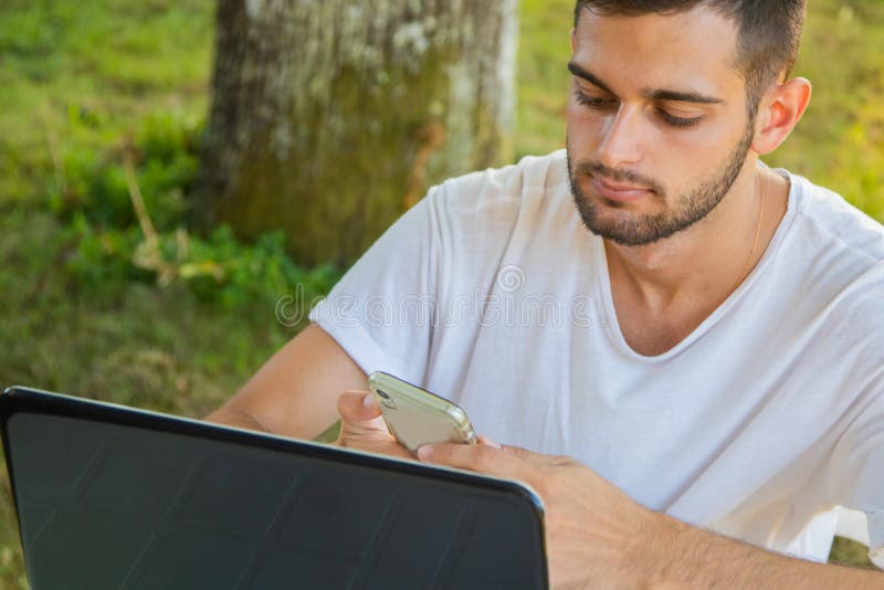 Attractive Man Working with Computer Stock Image - Image of portrait ...