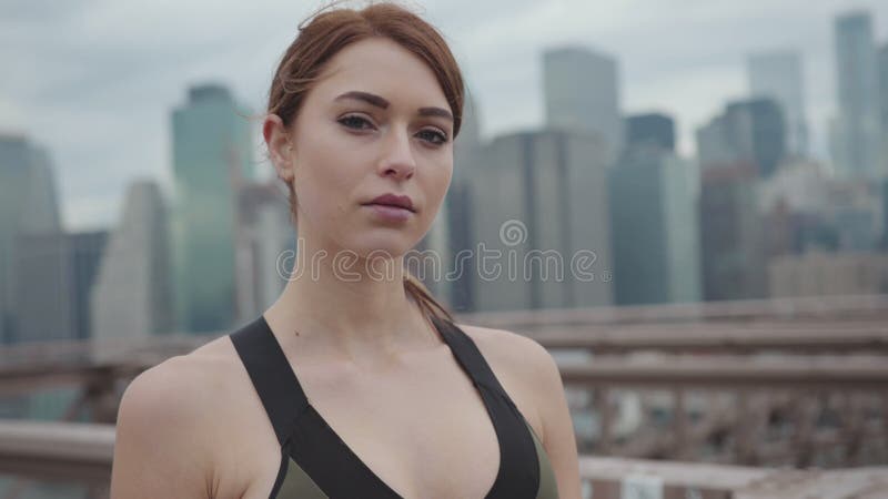Attractive Model on a Bridge with the Beautiful New York Skyline in the ...