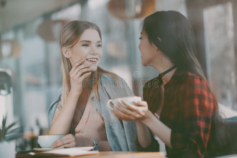 Attractive Multicultural Women on Coffee Break in Cafe Stock Image ...