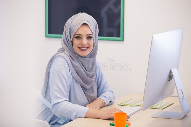 Happy Beautiful Muslim Business Woman Brown Hijab Working about ...