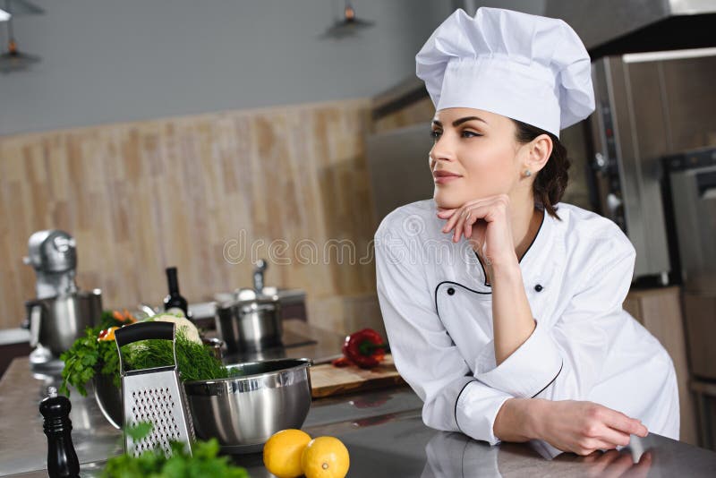 Attractive Pensive Chef Looking Away Stock Photo - Image of cook ...