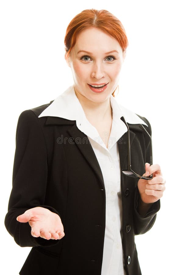 Red Haired Business Woman Wearing Glasses Red Notepad Professional