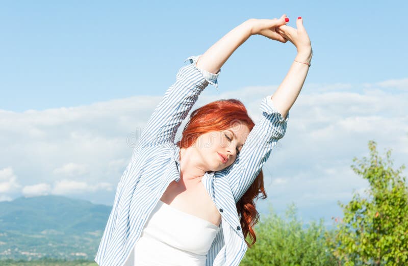 Attractive Red Haired Female Feeling Comfortable Outside Stock Image ...
