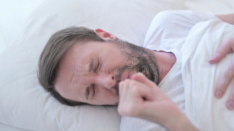 Attractive Sick Beard Young Man Coughing in Bed Stock Image - Image of ...