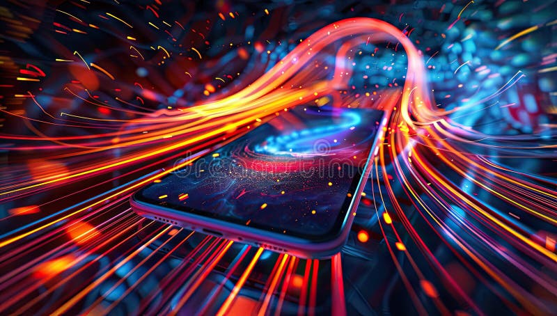 An Attractive Smartphone Flies in an Abstract Tunnel of Communication ...