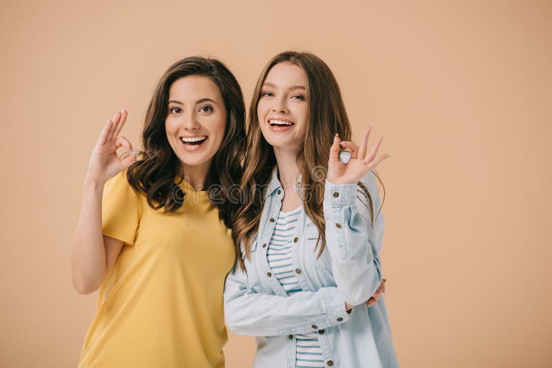 Attractive and Smiling Friends Looking at Stock Photo - Image of okay ...