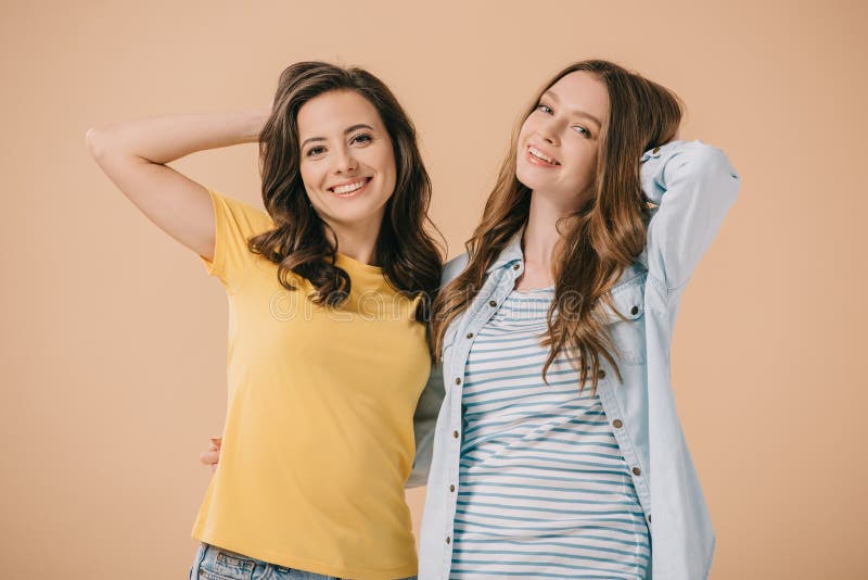 Attractive and Smiling Friends Looking at Stock Photo - Image of ...