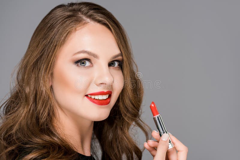 Attractive Smiling Woman with Red Lipstick Stock Photo - Image of ...