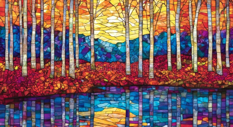 An Attractive Stained Glass Window Depicting a Forest Scene with a ...