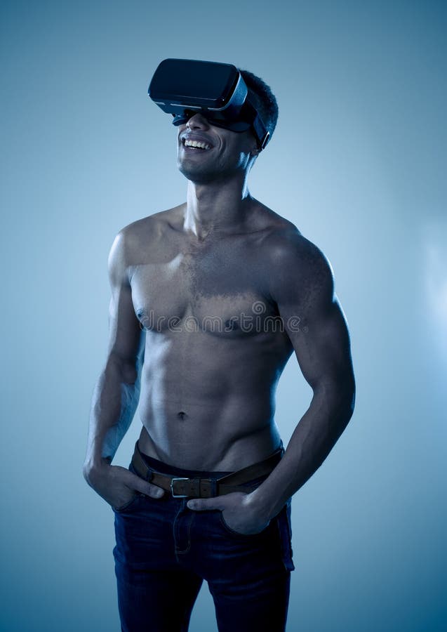 Strong Young Man Wearing Virtual Reality Headset Exploring 3D ...