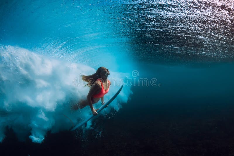 Attractive Surfer Woman Dive Underwater with Big Wave Stock Photo ...