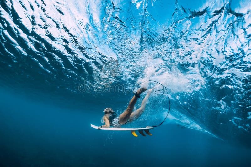 Attractive Surfer Woman Dive Underwater Under Sea Wave Stock Photo ...
