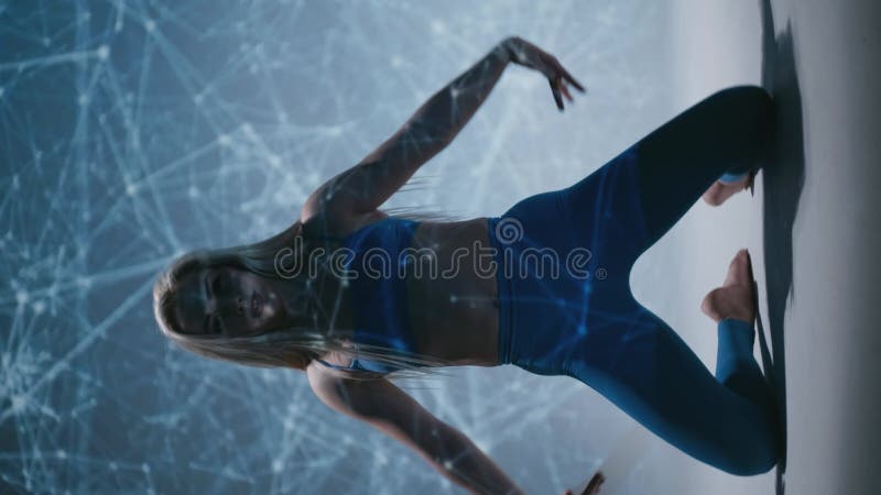 Attractive Talented Blonde Woman Dancing on Blue Background in Studio ...