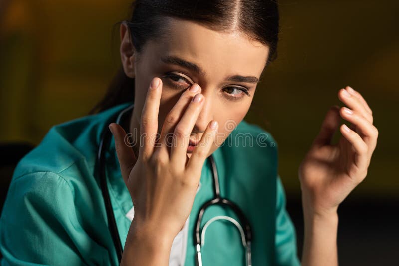 Tired Nurse in Uniform Crying during Night Shift Stock Image - Image of ...