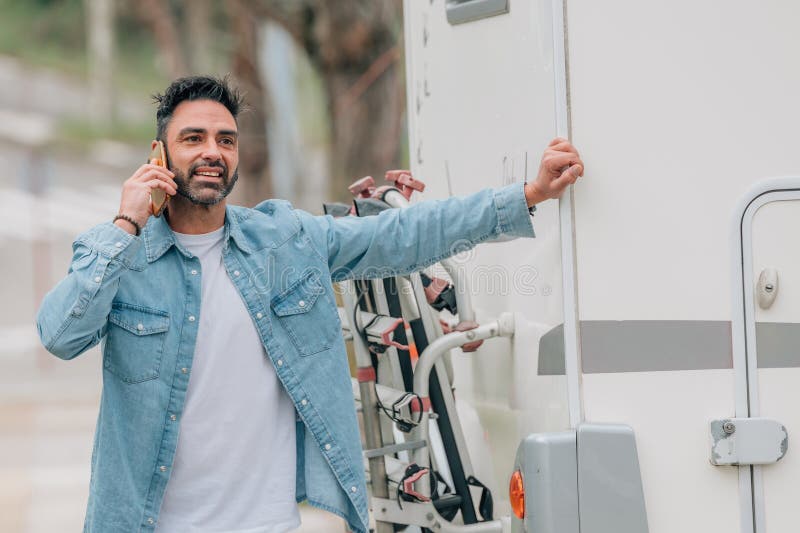 Traveler Man with Caravan and Mobile Phone Stock Image - Image of media ...