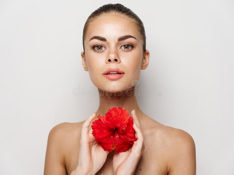 Attractive Woman Bare Shoulders Red Hand Clean Skin Close Up Stock