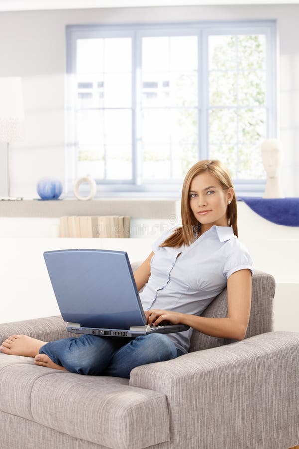 Female Working on Computer at Home Stock Photo - Image of laptop, home ...