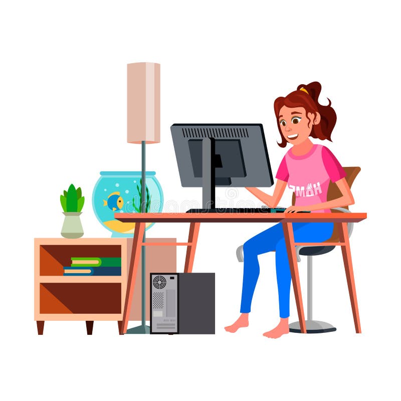 Attractive Woman Freelancer Work at Home Desk and Developing Cartoon ...