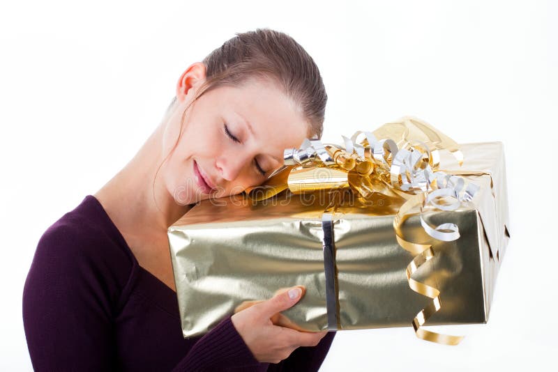Attractive Woman with Golden Package Stock Image - Image of present ...