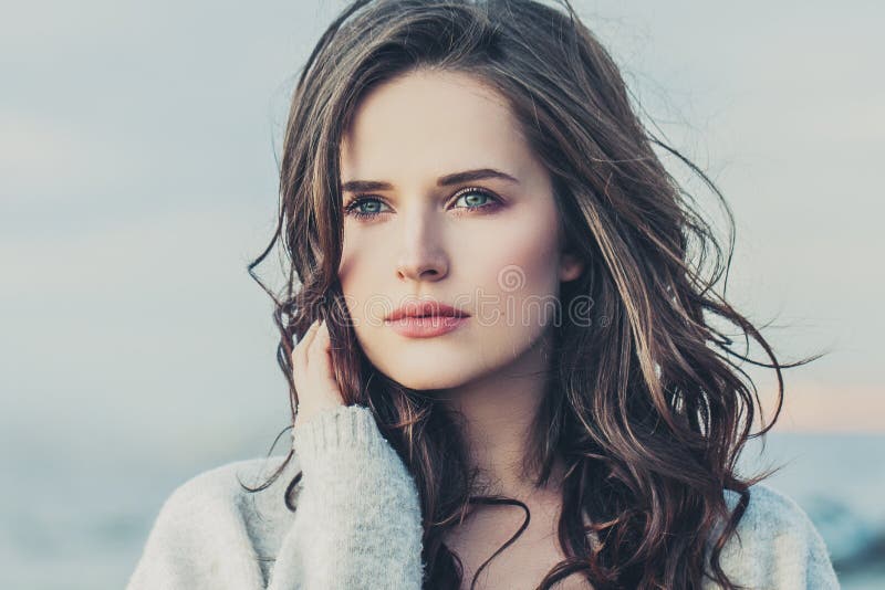 Attractive Woman With Long Brown Hair Outdoor Close Up Portrait Stock
