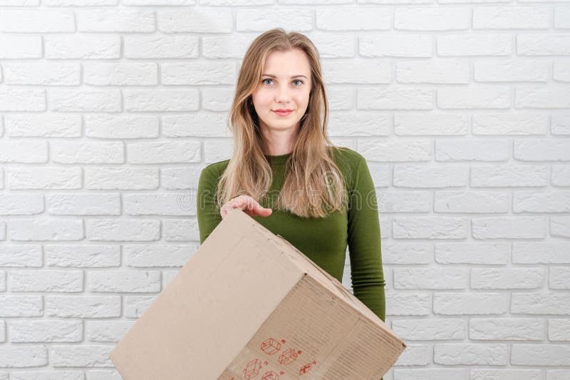 Attractive Woman with Parcel Box. Delivering a Parcel Stock Image ...
