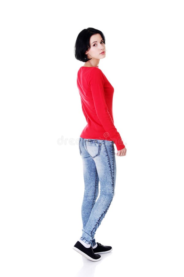 Attractive Woman in Red Tshirt. Side View Stock Photo - Image of ...