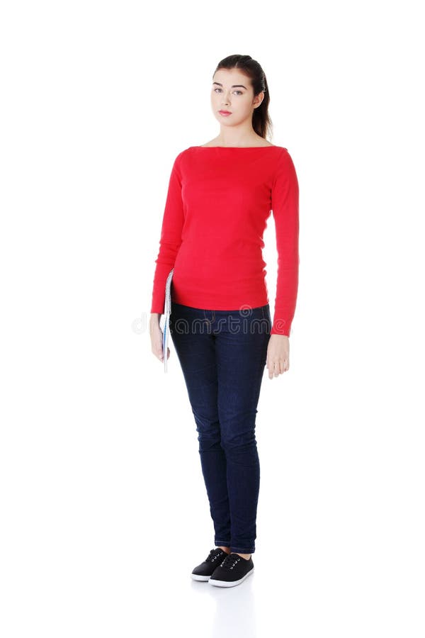 Attractive Woman Standing Id Red Tshirt. Stock Image - Image of ...