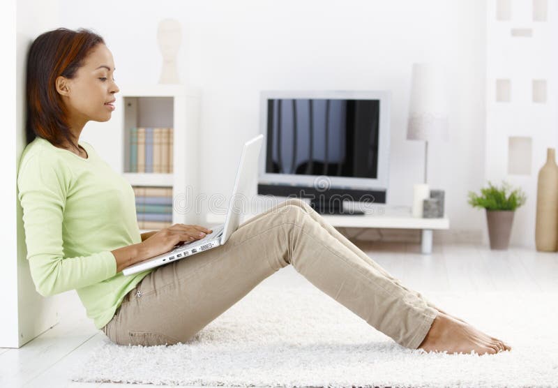 Attractive Woman Using Laptop on Floor Stock Image - Image of browsing ...