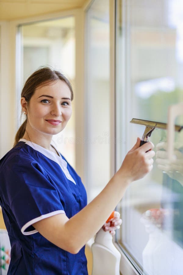 Woman Washing the Window with Spray and Rag Stock Image - Image of ...