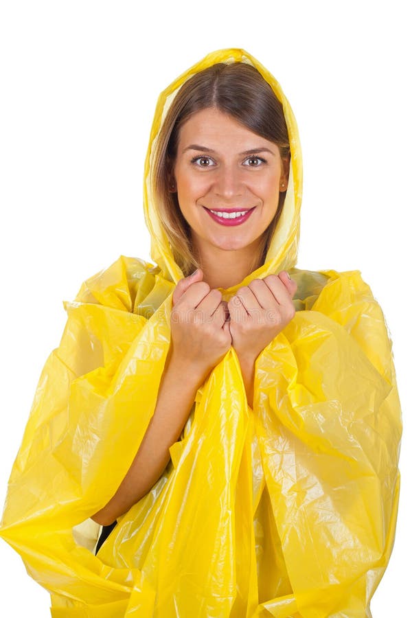 Attractive Woman Wearing Yellow Raincoat Isolated Stock Image Image