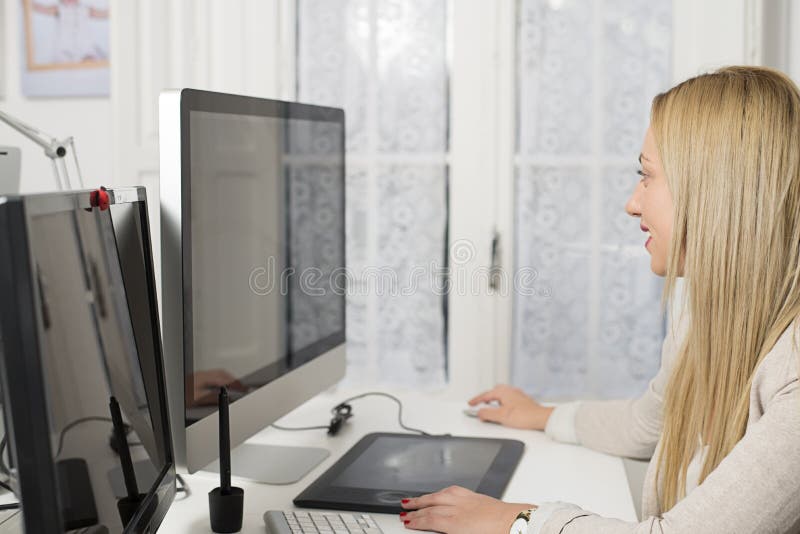 Attractive Woman Working at the Computer Stock Image - Image of ...
