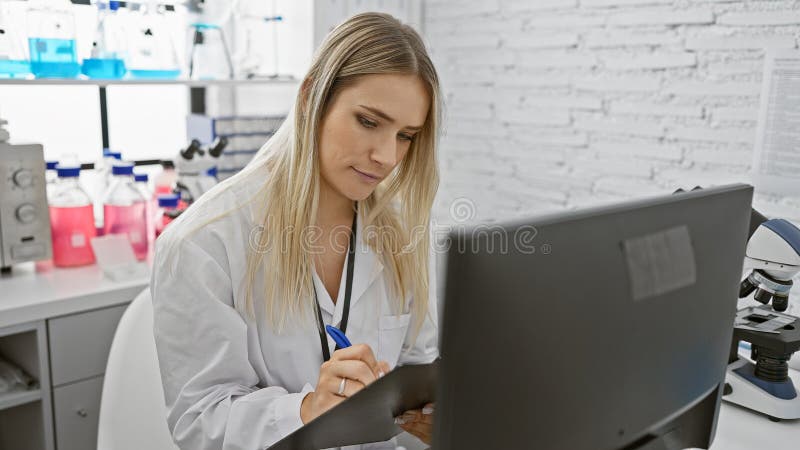 Attractive Young Blonde Female Scientist Seriously Immersed in Research ...