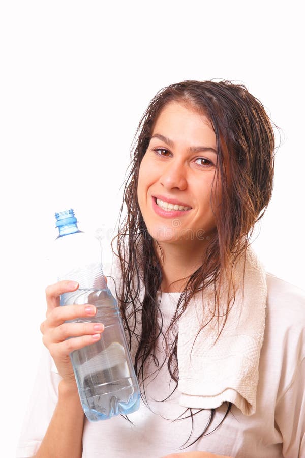 Attractive Young Brunette Woman with Bottle Stock Photo - Image of ...
