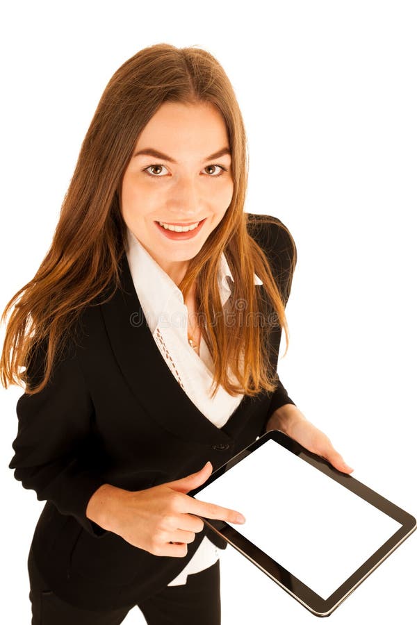 Attractive Young Business Woman Showing Presentation on Her Tablet ... Attractive Young Business Woman Showing Presentation on Her Tablet ...