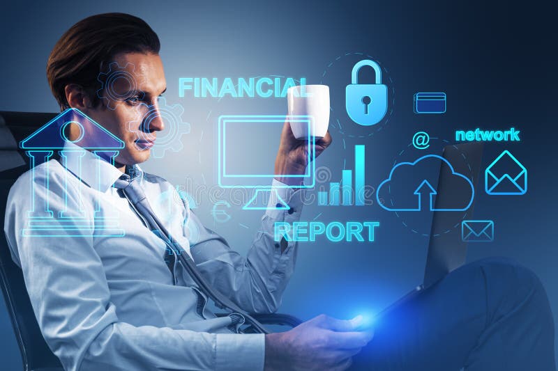 Attractive Young Businessman Sitting, Using Laptop and Drinking Coffee ...