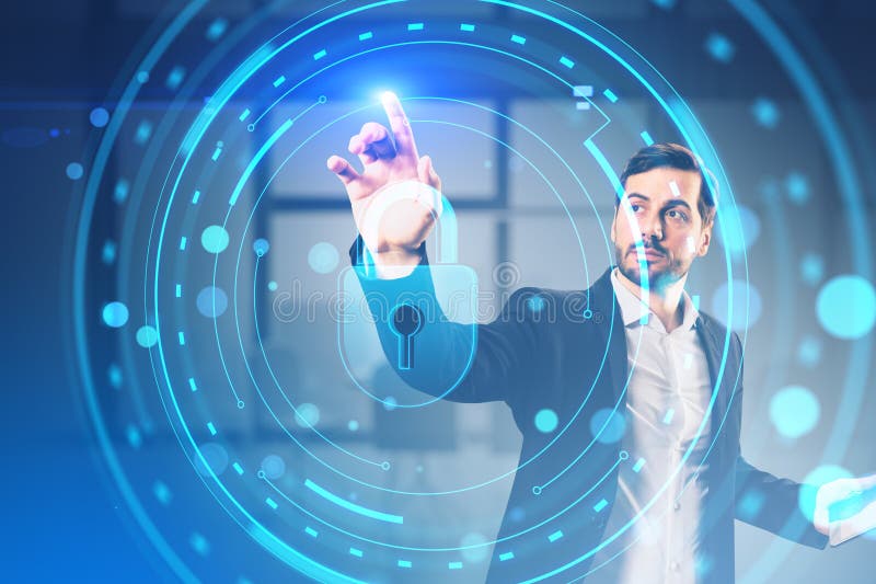 Attractive Young Businessman Using Creative Round Digital Padlock ...