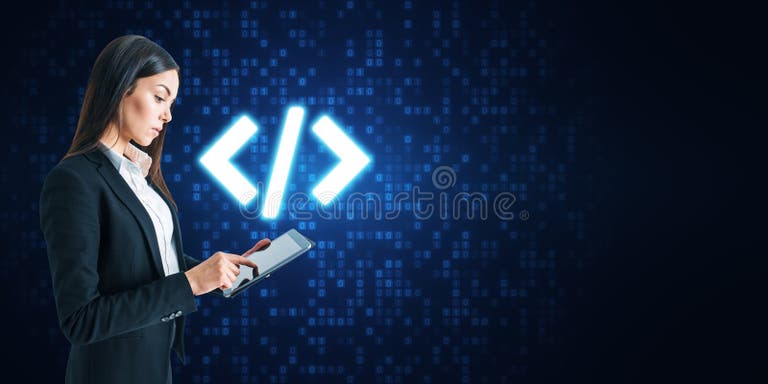 Attractive Young European Businesswoman Using Tablet with Glowing ...