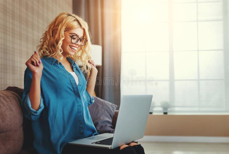 Attractive Young Girl Working at Computer, Happy To Win Stock Image ...