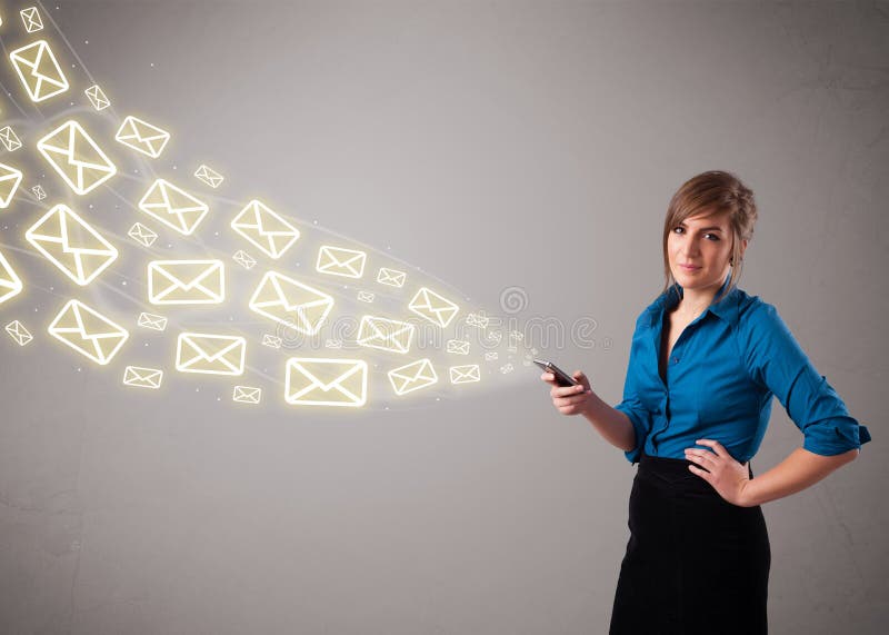 Attractive Young Lady Holding a Phone with Message Icons Stock Image ...