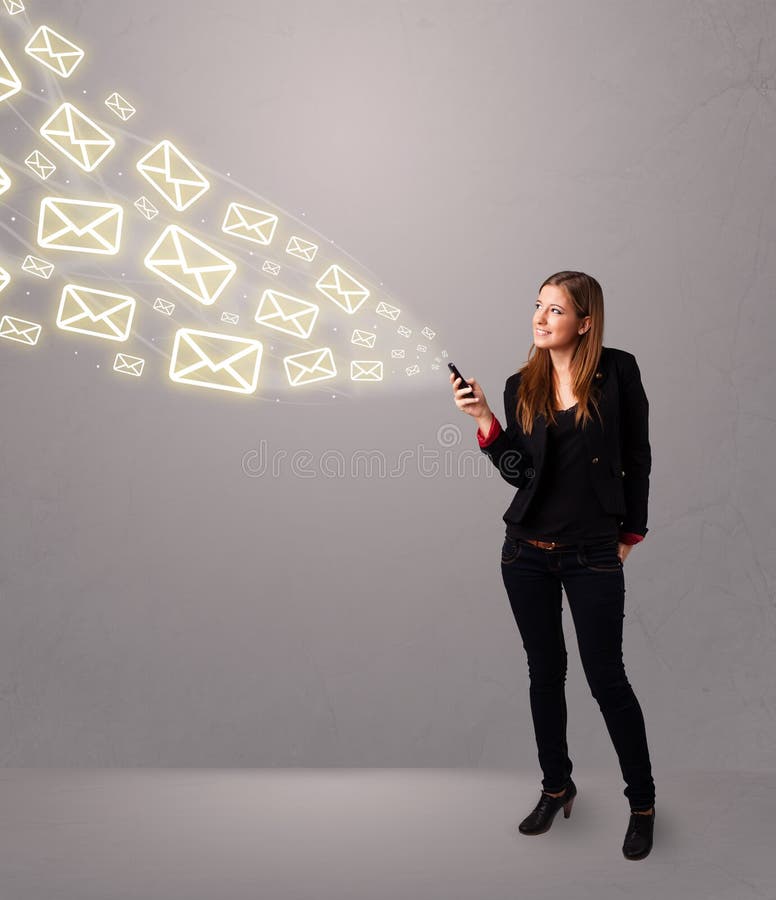 Attractive Young Lady Holding a Phone with Message Icons Stock Image ...