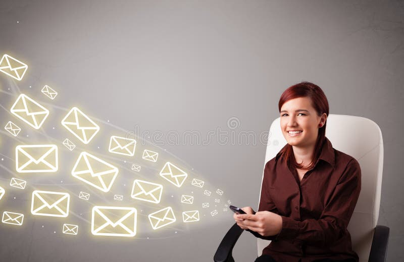 Attractive Young Lady Holding a Phone with Message Icons Stock ...