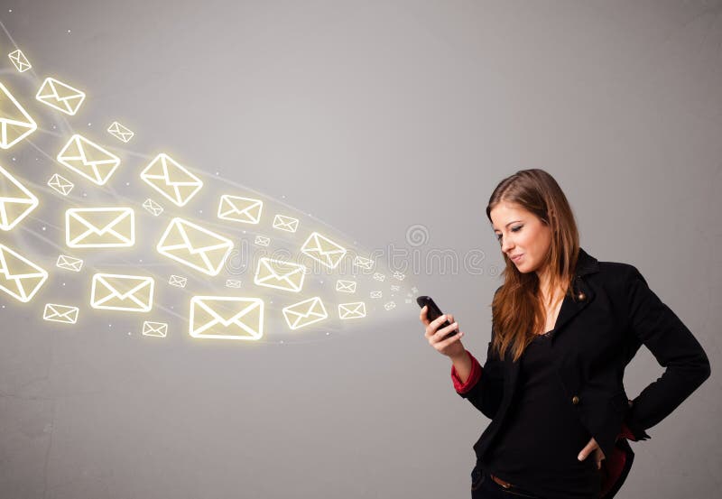 Attractive Young Lady Holding a Phone with Message Icons Stock ...
