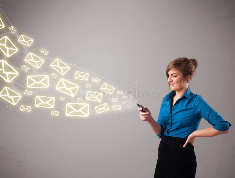 Attractive Young Lady Holding a Phone with Message Icons Stock Image ...