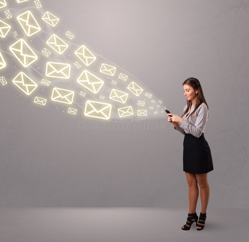 Attractive Young Lady Holding a Phone with Message Icons Stock Image ...